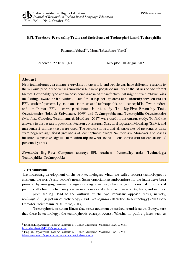 (PDF) EFL Teachers’ Personality Traits and their Sense of Technophobia ...