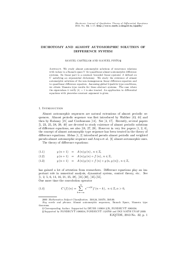 (PDF) Dichotomy and almost automorphic solution of difference system