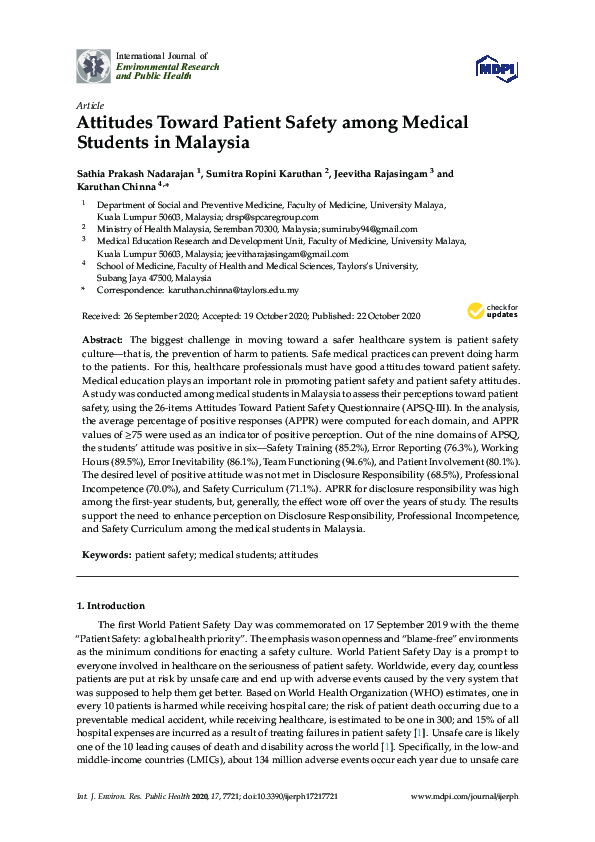 (PDF) Attitudes Toward Patient Safety among Medical Students in Malaysia
