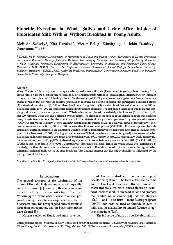 (PDF) Fluoride Excretion in Whole Saliva and Urine After Intake of ...