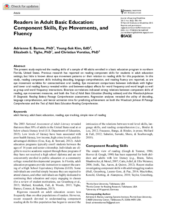 (PDF) Readers in Adult Basic Education: Component Skills, Eye Movements ...