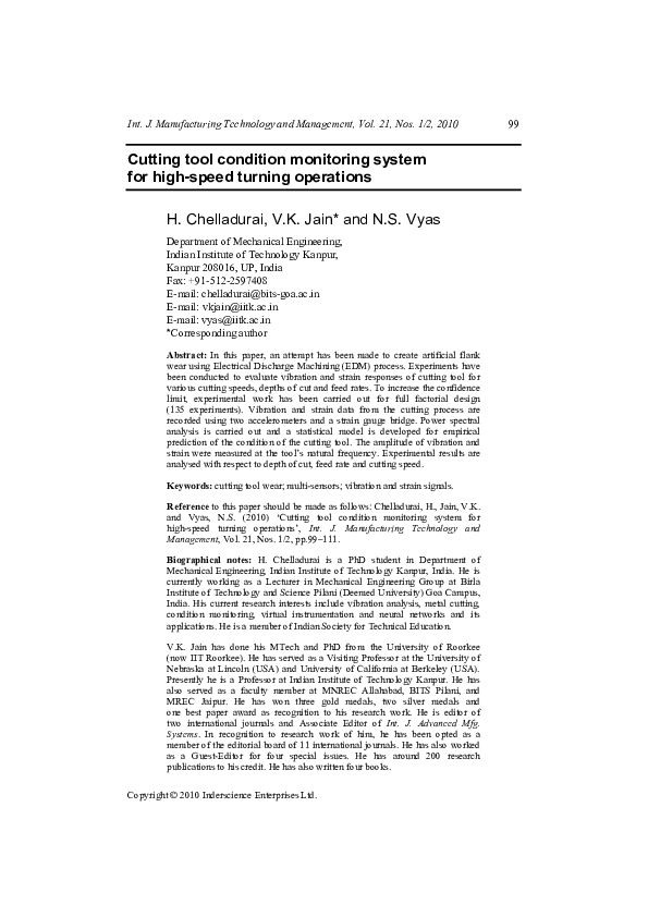 Pdf Cutting Tool Condition Monitoring System For High Speed Turning Operations
