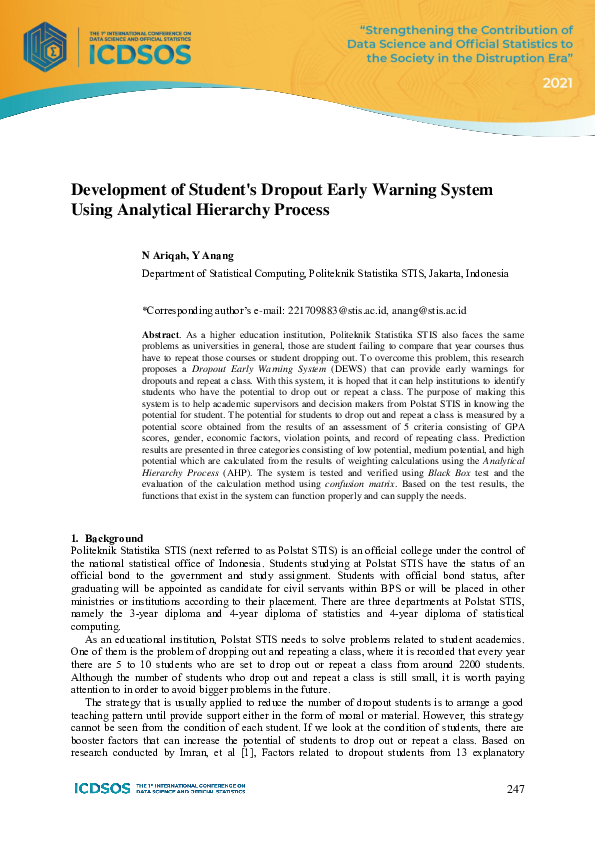 (PDF) Development of Student's Dropout Early Warning System Using Analytical Hierarchy Process