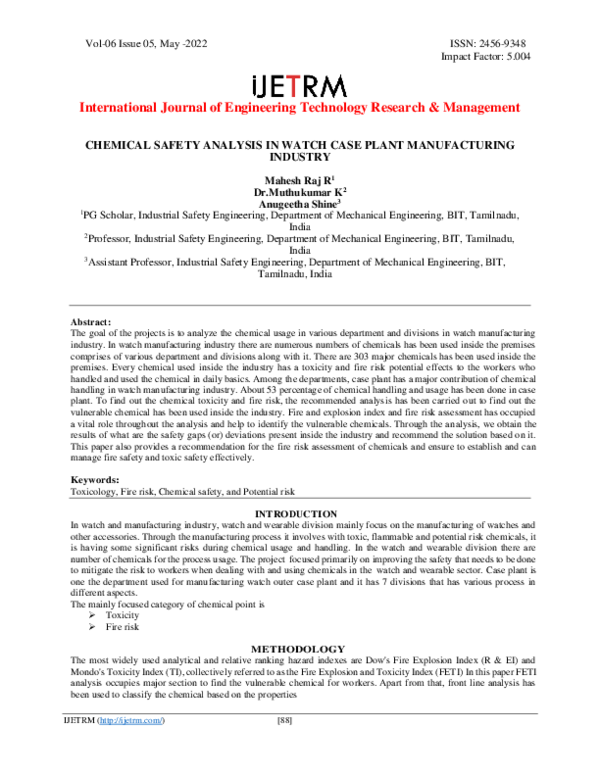 (PDF) CHEMICAL SAFETY ANALYSIS IN WATCH CASE PLANT MANUFACTURING INDUSTRY