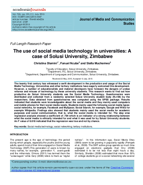 (PDF) The use of social media technology in universities: A case of ...