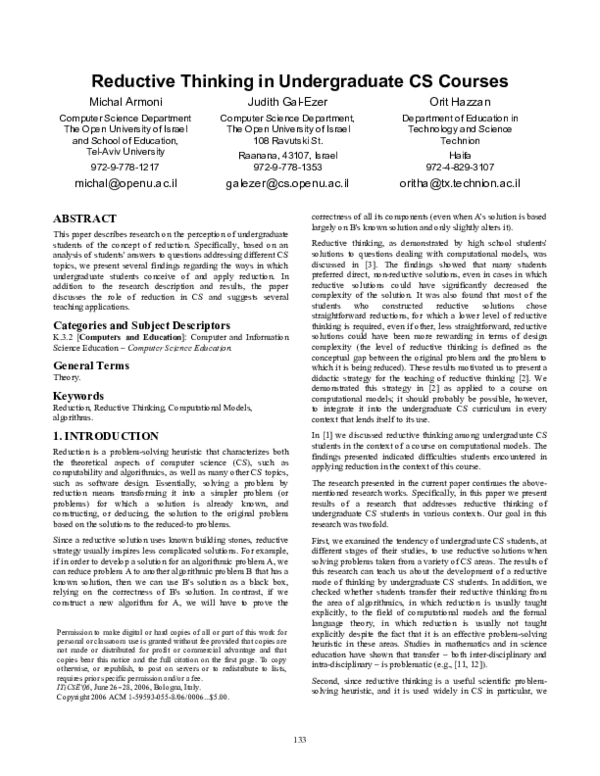 (PDF) Reductive thinking in undergraduate CS courses