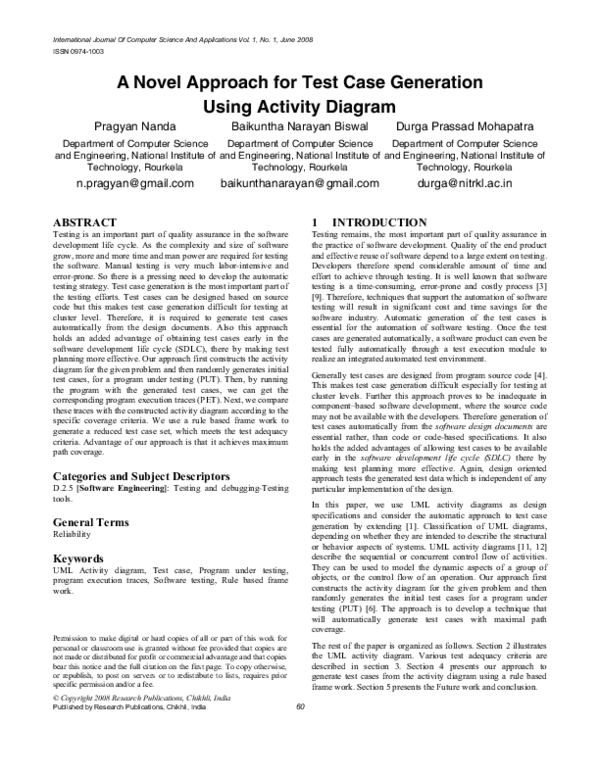 Pdf A Novel Approach For Test Case Generation Using Activity Diagram
