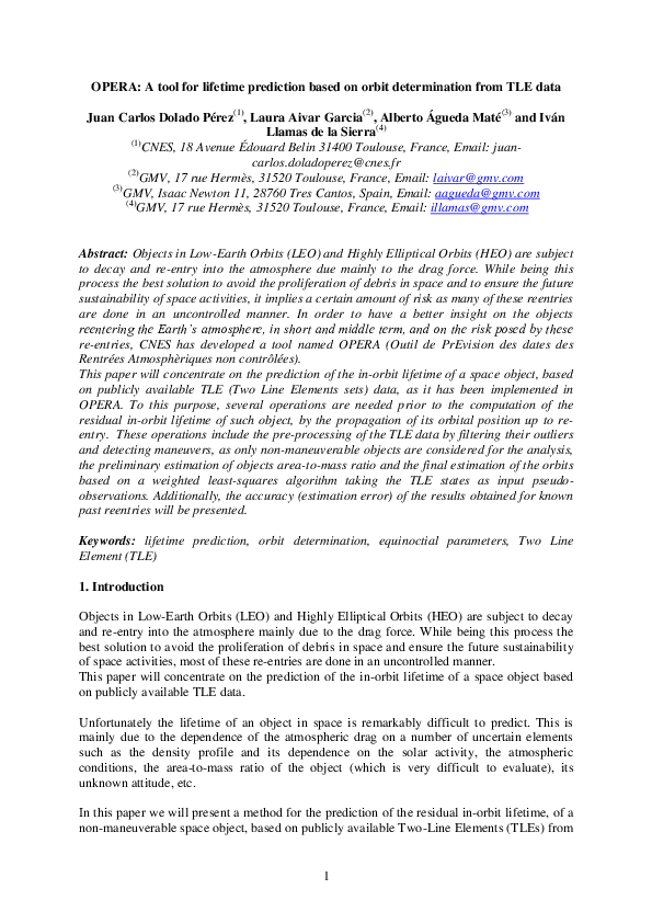 (PDF) OPERA: A tool for lifetime prediction based on orbit ...