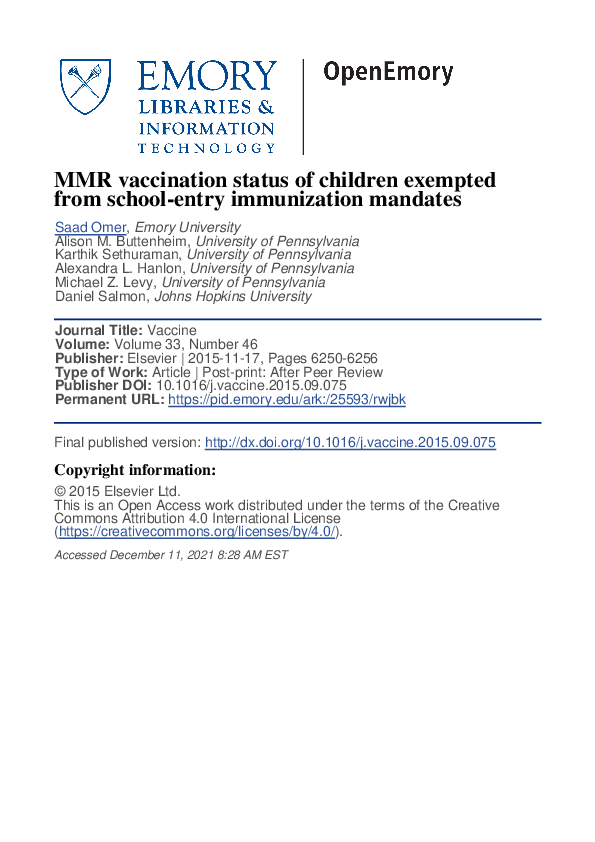 (PDF) MMR vaccination status of children exempted from school-entry ...