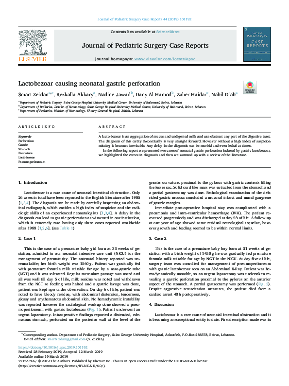 (PDF) Lactobezoar causing neonatal gastric perforation