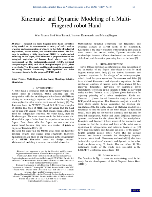 Pdf Kinematic And Dynamic Modeling Of A Multi Fingered Robot Hand