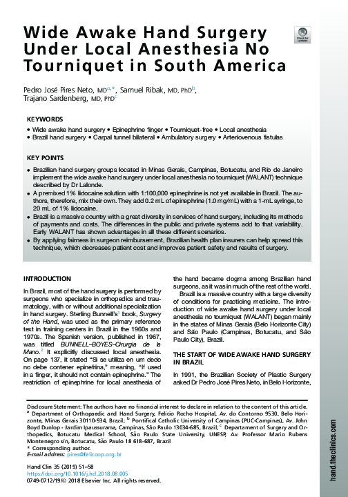 (PDF) Wide Awake Hand Surgery Under Local Anesthesia No Tourniquet in ...