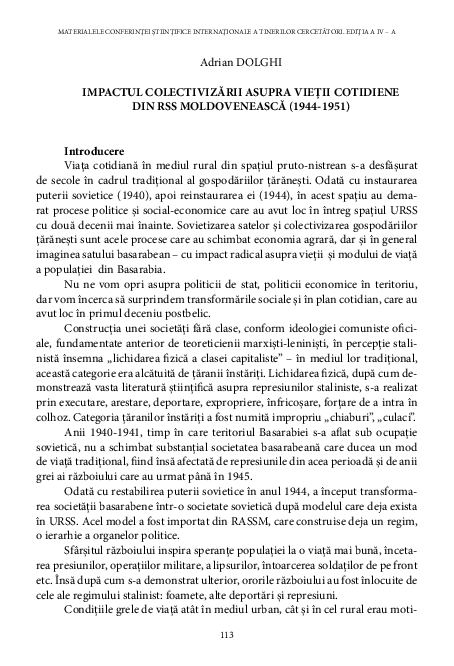(PDF) Impactul colectivizării asupra vieții cotidiene din RSS Moldovenească (1944-1951)