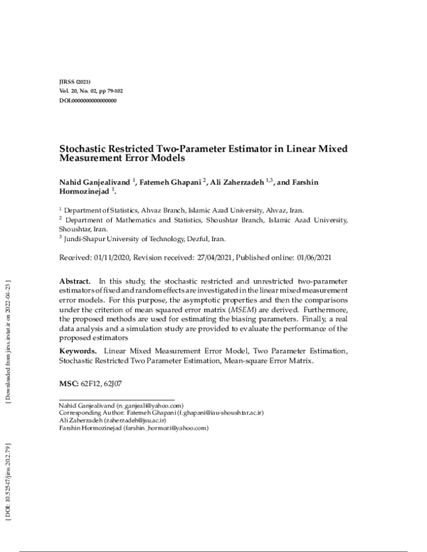 (PDF) Stochastic Restricted Two-Parameter Estimator in Linear Mixed Measurement Error Models