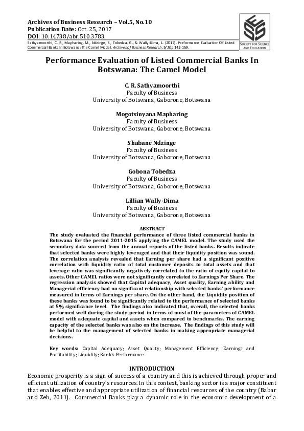 (PDF) Performance Evaluation Of Listed Commercial Banks In Botswana ...