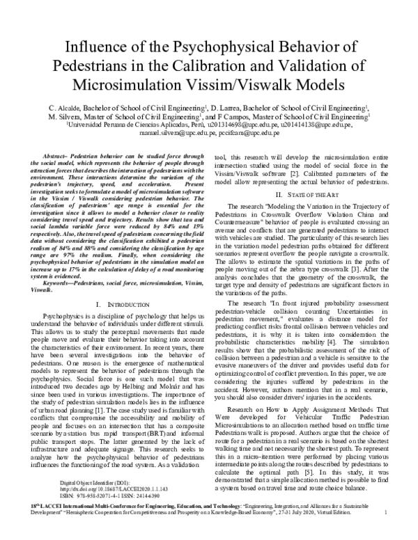(PDF) Influence of the Psychophysical Behavior of Pedestrians in the Calibration and Validation ...
