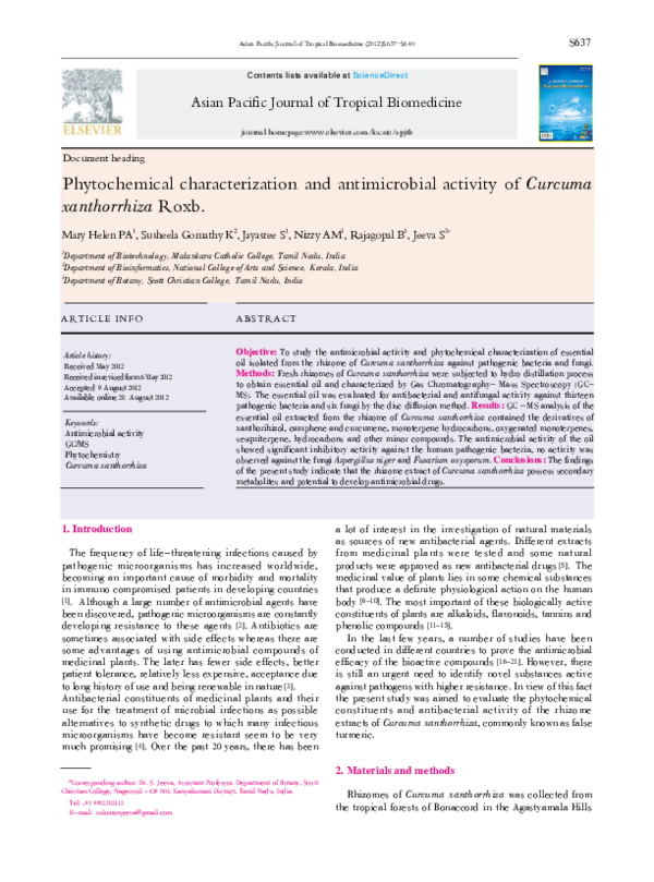 (PDF) Phytochemical characterization and antimicrobial activity of Curcuma xanthorrhiza Roxb