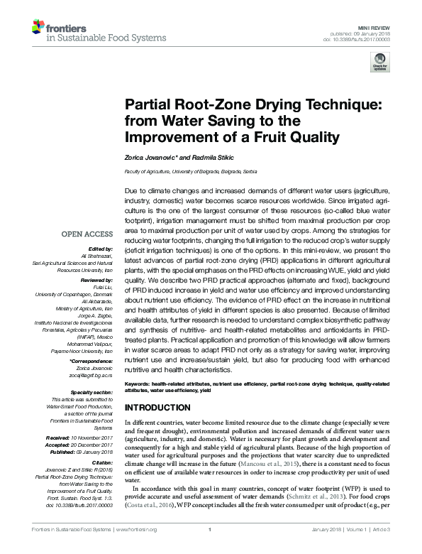 Pdf Partial Root Zone Drying Technique From Water Saving To The