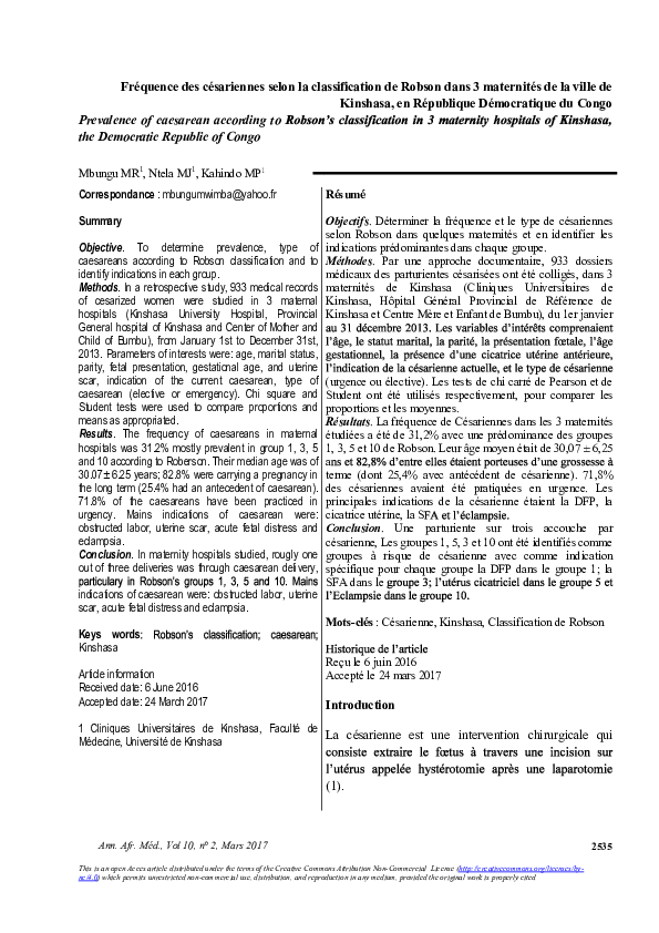 (PDF) Fréquence des césariennes selon la classification de Robson dans ...