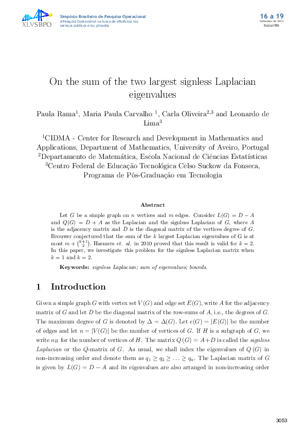 (PDF) Simpósio Brasileiro de Pesquisa Operacional On the sum of the two largest signless ...