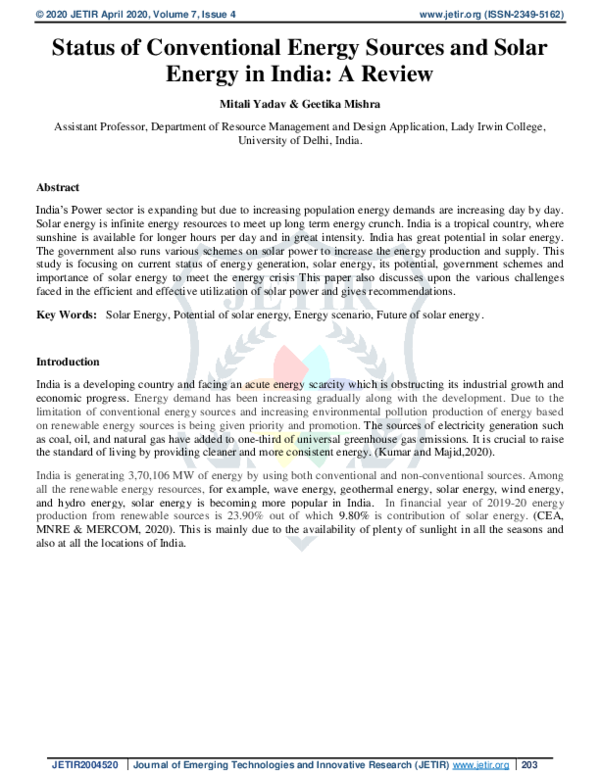 (PDF) Status of Conventional Energy Sources and Solar Energy in India ...