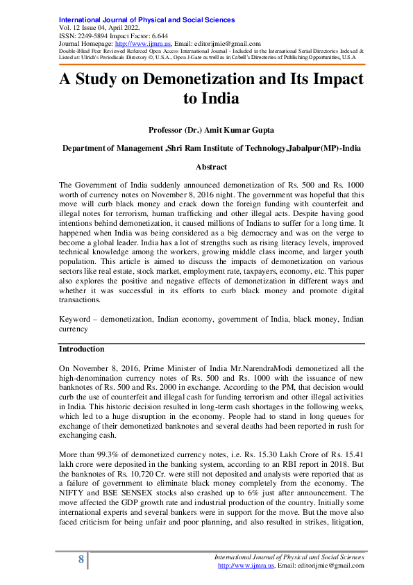 (PDF) A Study on Demonetization and Its Impact to India