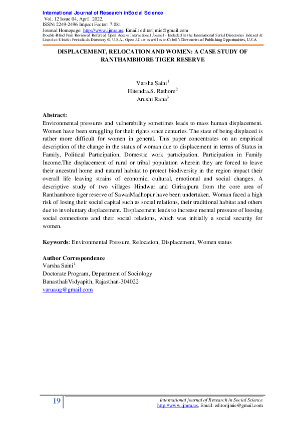 (PDF) DISPLACEMENT, RELOCATION AND WOMEN: A CASE STUDY OF RANTHAMBHORE ...