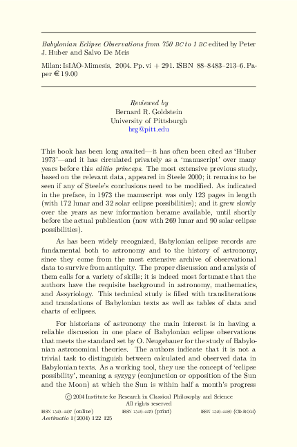 (PDF) Babylonian Eclipse Observations from 750 BC to 1 BC