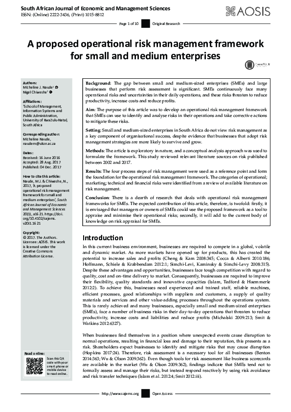 (PDF) A proposed operational risk management framework for small and ...