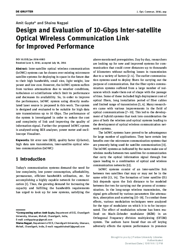 (PDF) Design and Evaluation of 10-Gbps Inter-satellite Optical Wireless Communication Link for ...