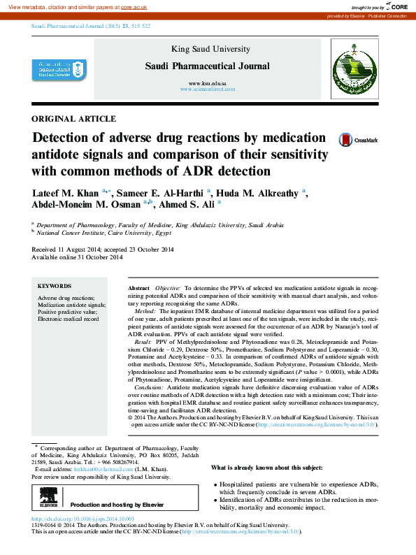 Pdf Detection Of Adverse Drug Reactions By Medication Antidote Signals And Comparison Of Their