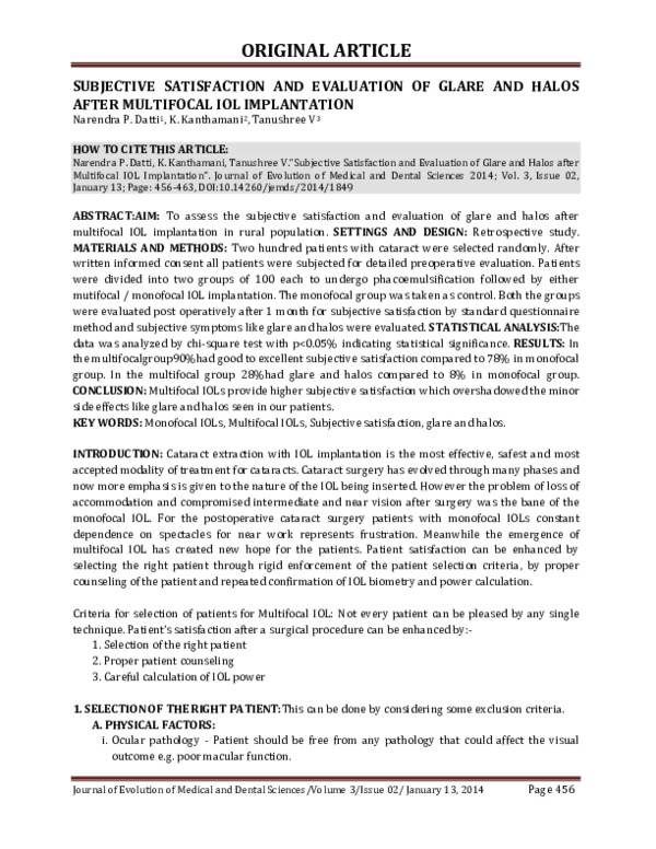 (PDF) Subjective Satisfaction and Evaluation of Glare and Halos After ...