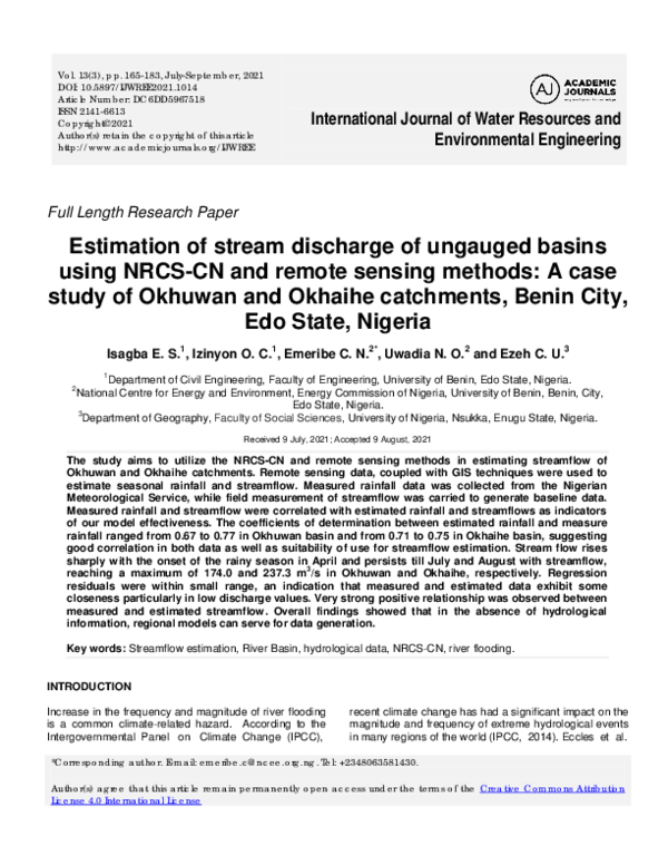 Pdf Estimation Of Stream Discharge Of Ungauged Basins Using Nrcs Cn And Remote Sensing Methods