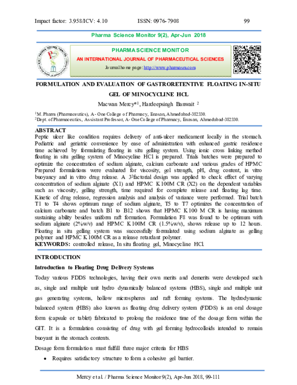 Formulation And Evaluation Of Gastroretentive Floating In Situ Gel Of Minocycline Hcl