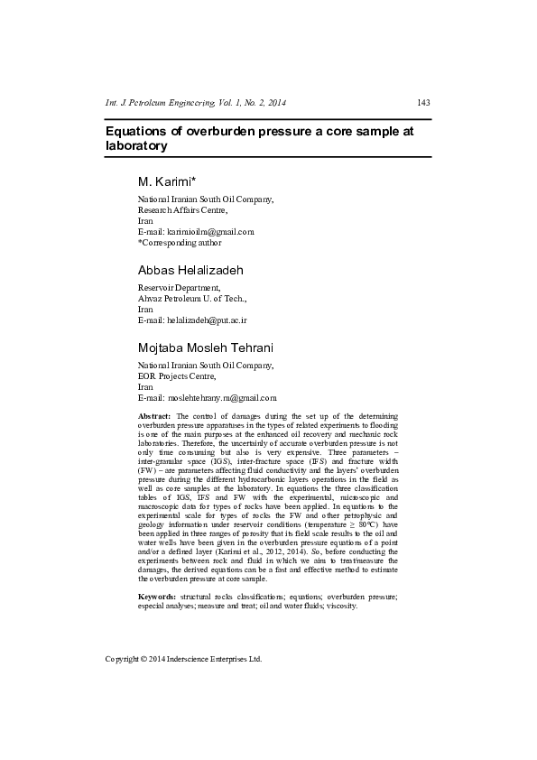 (PDF) Equations of overburden pressure a core sample at laboratory
