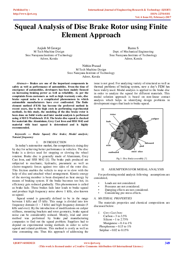 (PDF) Squeal Analysis of Disc Brake Rotor using Finite Element Approach