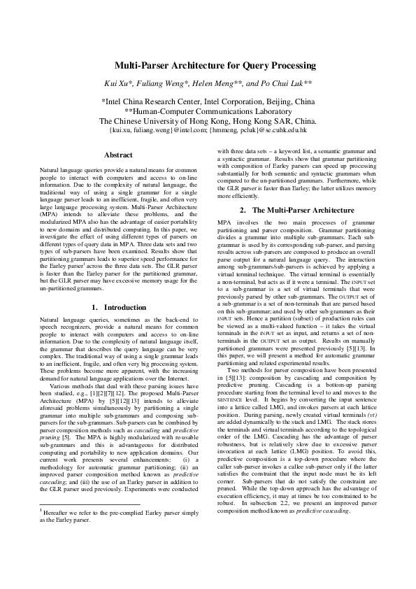 Pdf Multi Parser Architecture For Query Processing Helen Meng