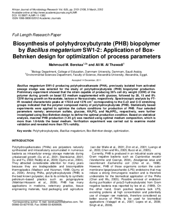 (PDF) Biosynthesis of polyhydroxybutyrate (PHB) biopolymer by Bacillus megaterium SW1-2 ...