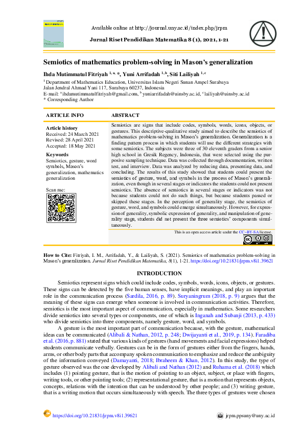 (PDF) Semiotics of mathematics problem-solving in Mason’s generalization