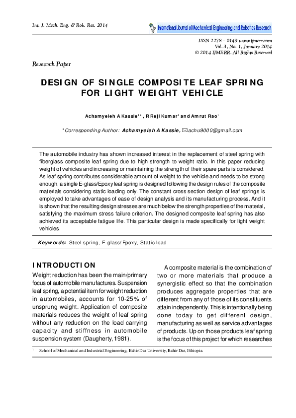 Pdf Design Of Single Composite Leaf Spring For Light Weight Vehicle