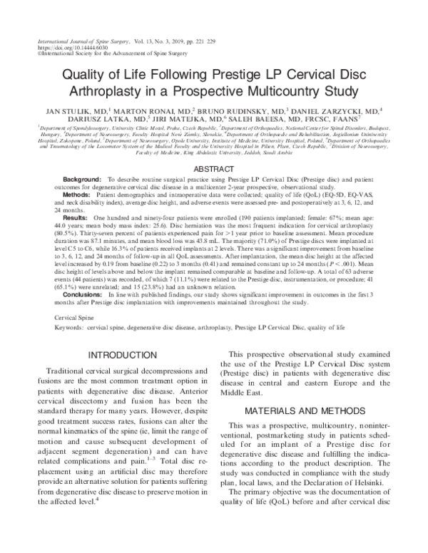 (PDF) Cervical Arthroplasty with the Prestige LP Cervical Disc