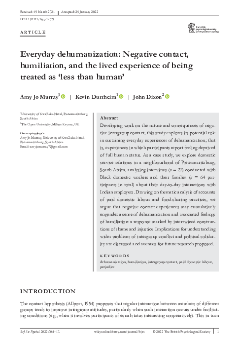 (PDF) Everyday dehumanization: Negative contact, humiliation, and the ...