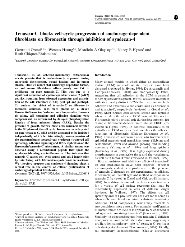 (PDF) Tenascin-C blocks cell-cycle progression of anchorage-dependent ...