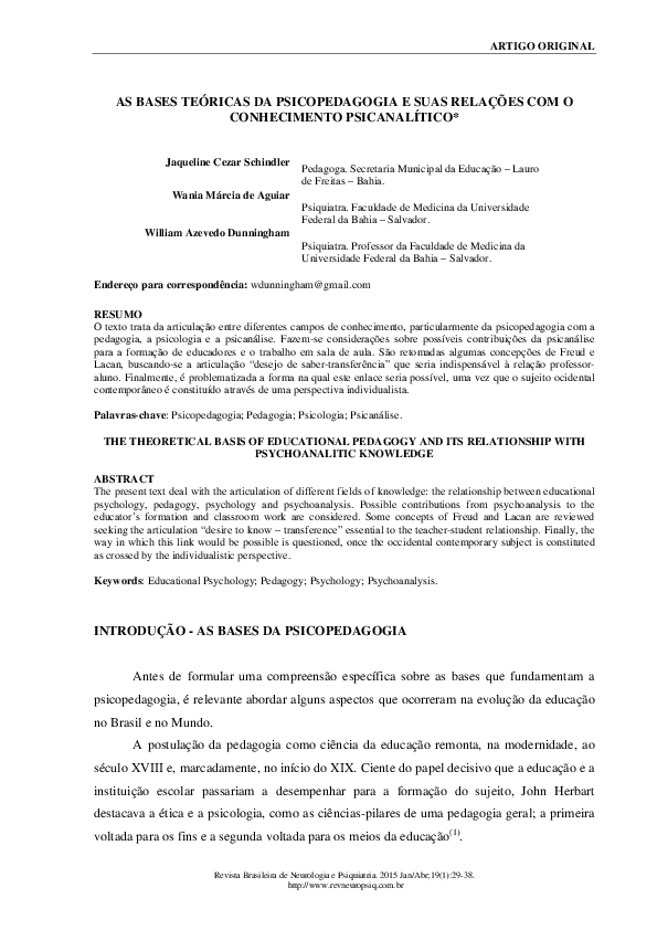 (PDF) As Bases Teóricas Da Psicopedagogia e Suas Relações Com O ...