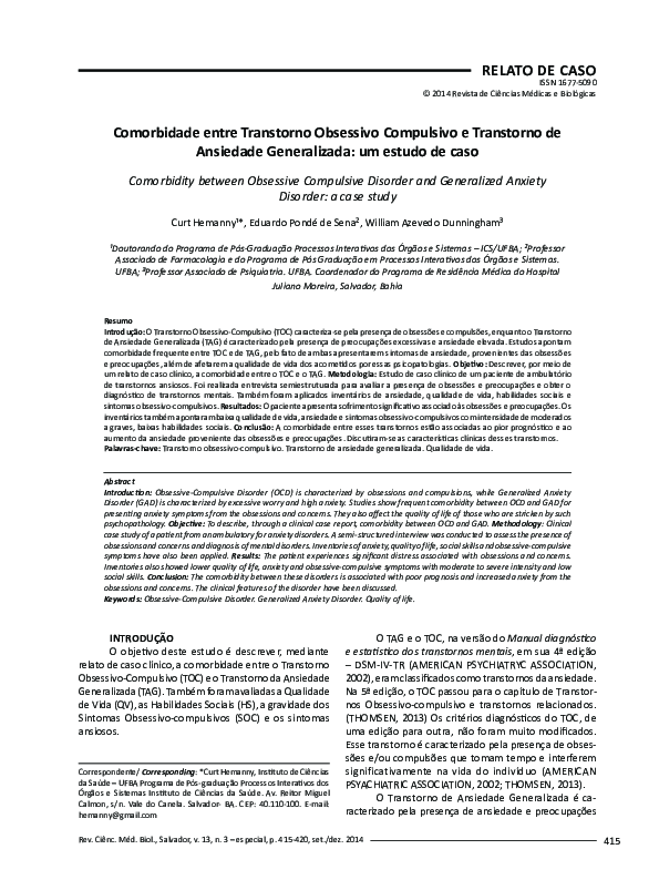 (PDF) Comorbidade entre Transtorno Obsessivo Compulsivo e Transtorno de ...