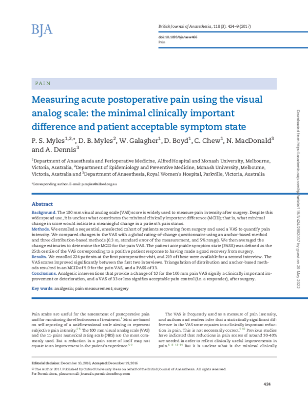 (PDF) Measuring acute postoperative pain using the visual analog scale ...