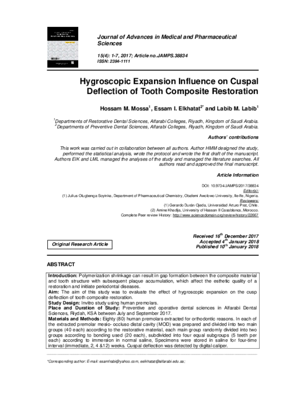 (PDF) Hygroscopic Expansion Influence on Cuspal Deflection of Tooth ...