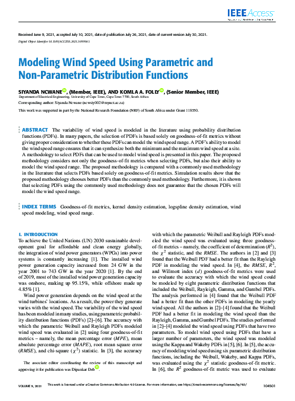 Pdf Modeling Wind Speed Using Parametric And Non Parametric