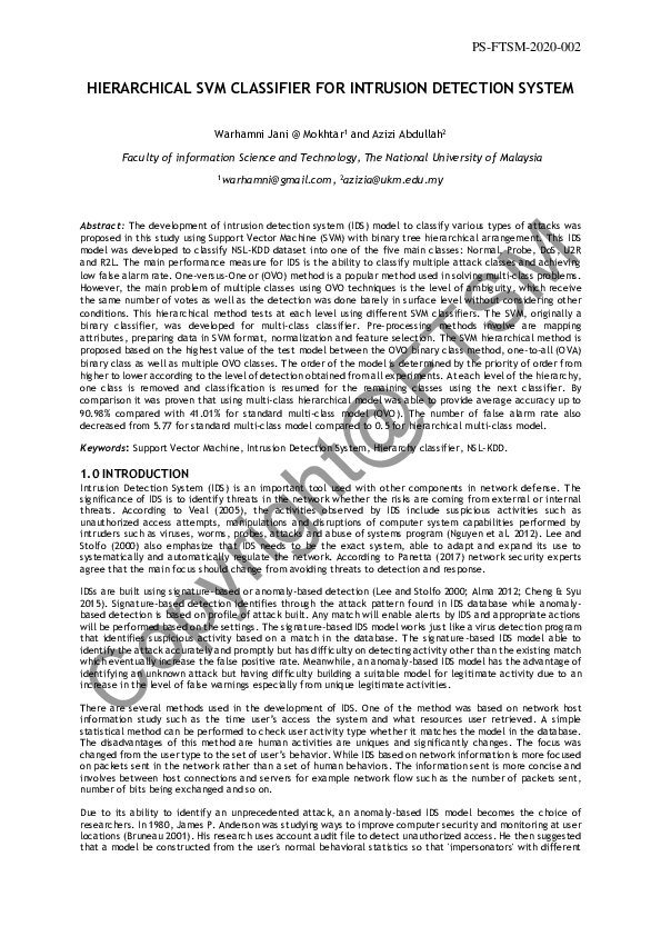 Pdf Ps Ftsm 2020 002 Hierarchical Svm Classifier For Intrusion Detection System