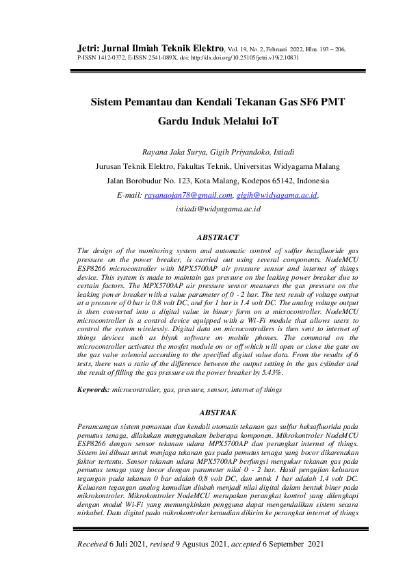 (PDF) Sistem Pemantau dan Kendali Tekanan Gas SF6 PMT Gardu Induk Melalui IoT